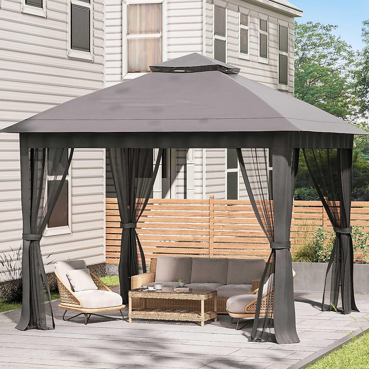 UDPATIO 11x11 Pop Up Gazebo Canopy Tent, Patio Outdoor Gazebo Tent with Mosquito Netting Outdoor Canopies for Shade and Rain for Lawn, Garden, Backyard and Deck, Grey