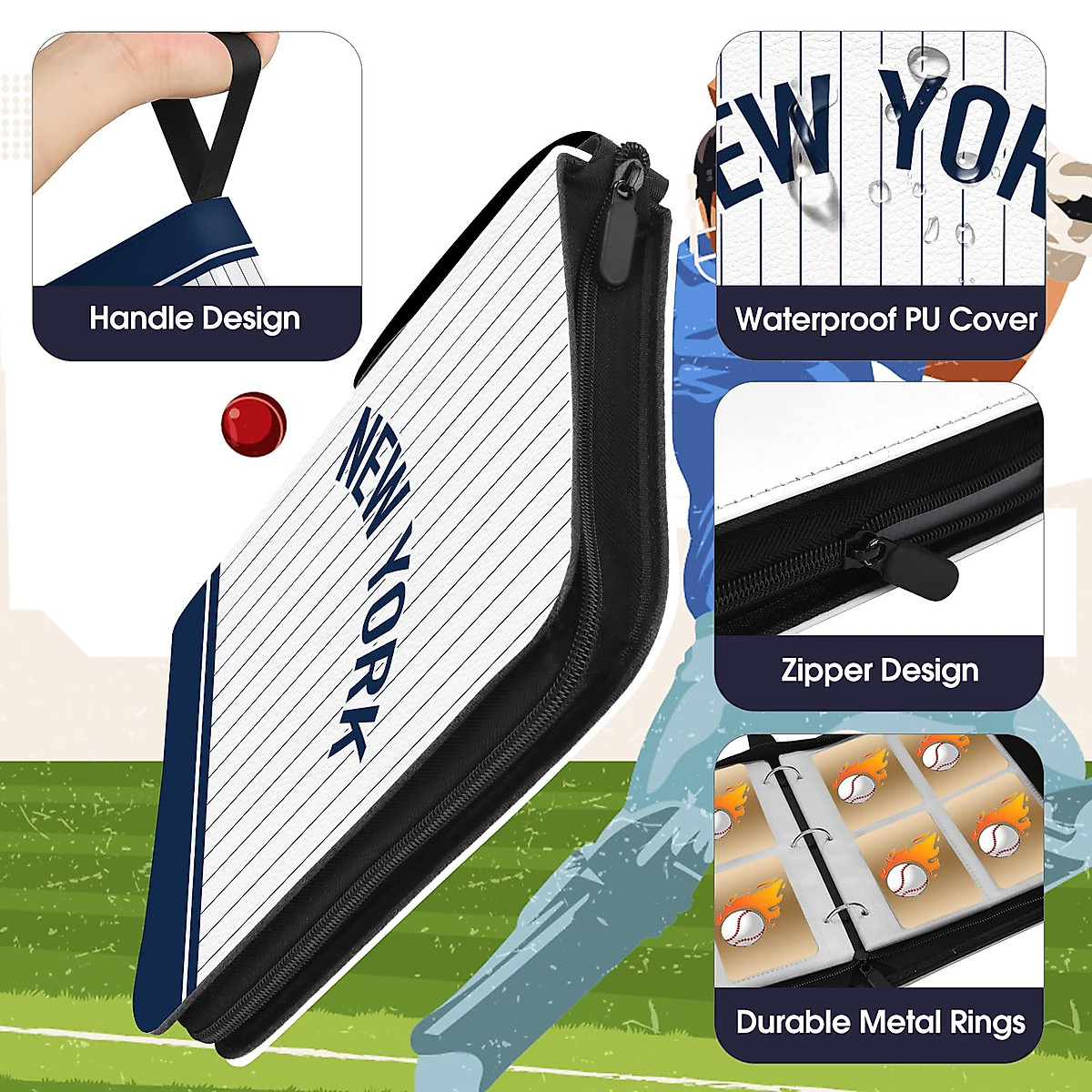 Baseball Card Binder with Sleeves 400 Pocket, Baseball Card Holder for Trading Cards Baseball Collector Album New York Sports Card 3 Ring Binder Storage Book Folder for Kids Gift (White)