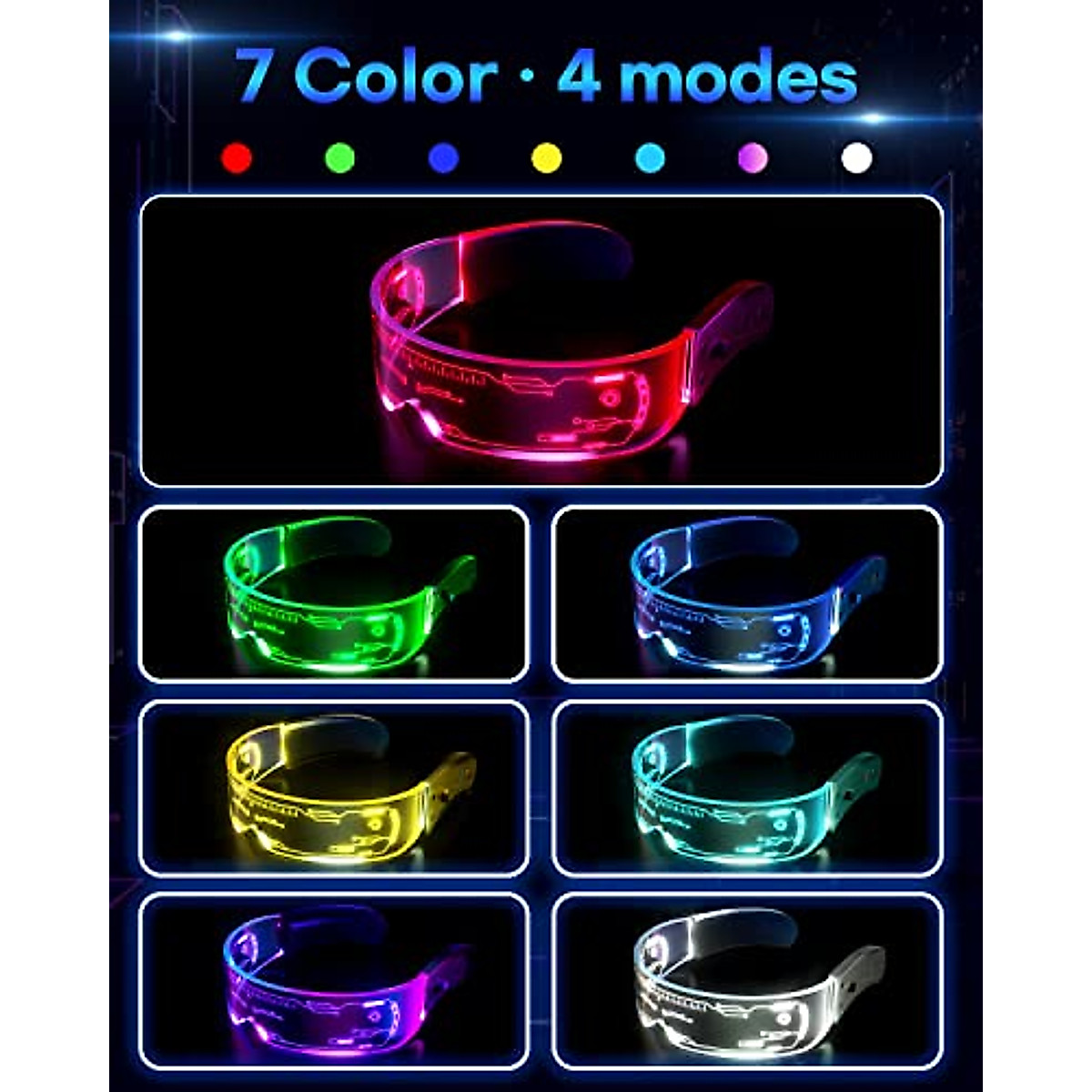 NIUCOO LED Visor Glasses Light Up: [7 Colors 4 Modes] Cyberpunk Futuristic Luminous Cosplay Glasses Rave Cyber Lightup Goggles (High Tech)