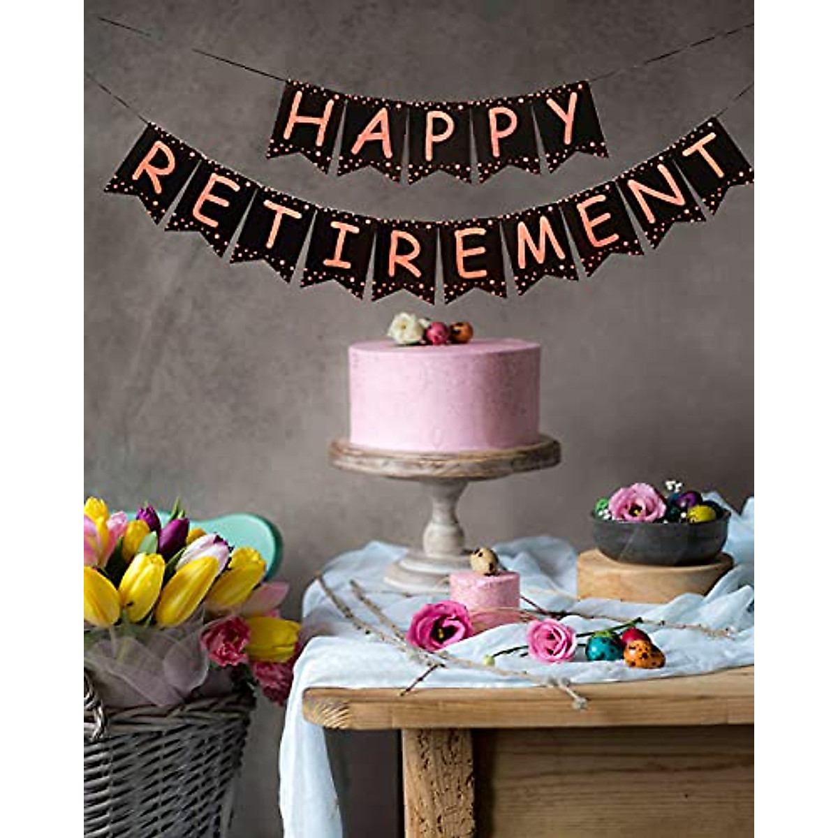 Retirement Party Decorations for Women Black Rose Gold Happy Retirement Banner and Swirls with Rose Gold Confetti Balloons Kit for Female Retirement Decor