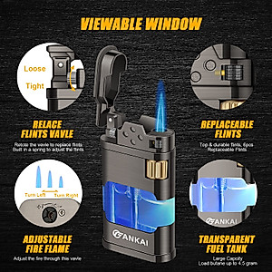 Torch Lighter with LED Light,FANKAI Butane Lighter Single Jet Flame-Butane Torch Lighter with 6PCS Replaceable Flints,Refillable Cool Lighters with ABS Fuel Tank,Retro Grinding Wheel Windproof Lighter