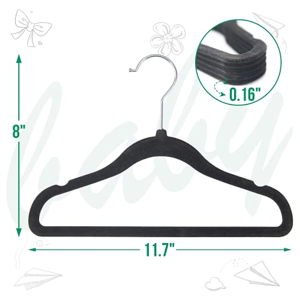 Aubeco Baby Velvet Hangers 60 Pack, 11.7'' Non Slip Felt Hangers for Closet, Baby Clothes Hangers Space Saving, 360° Swivel Hook-Black