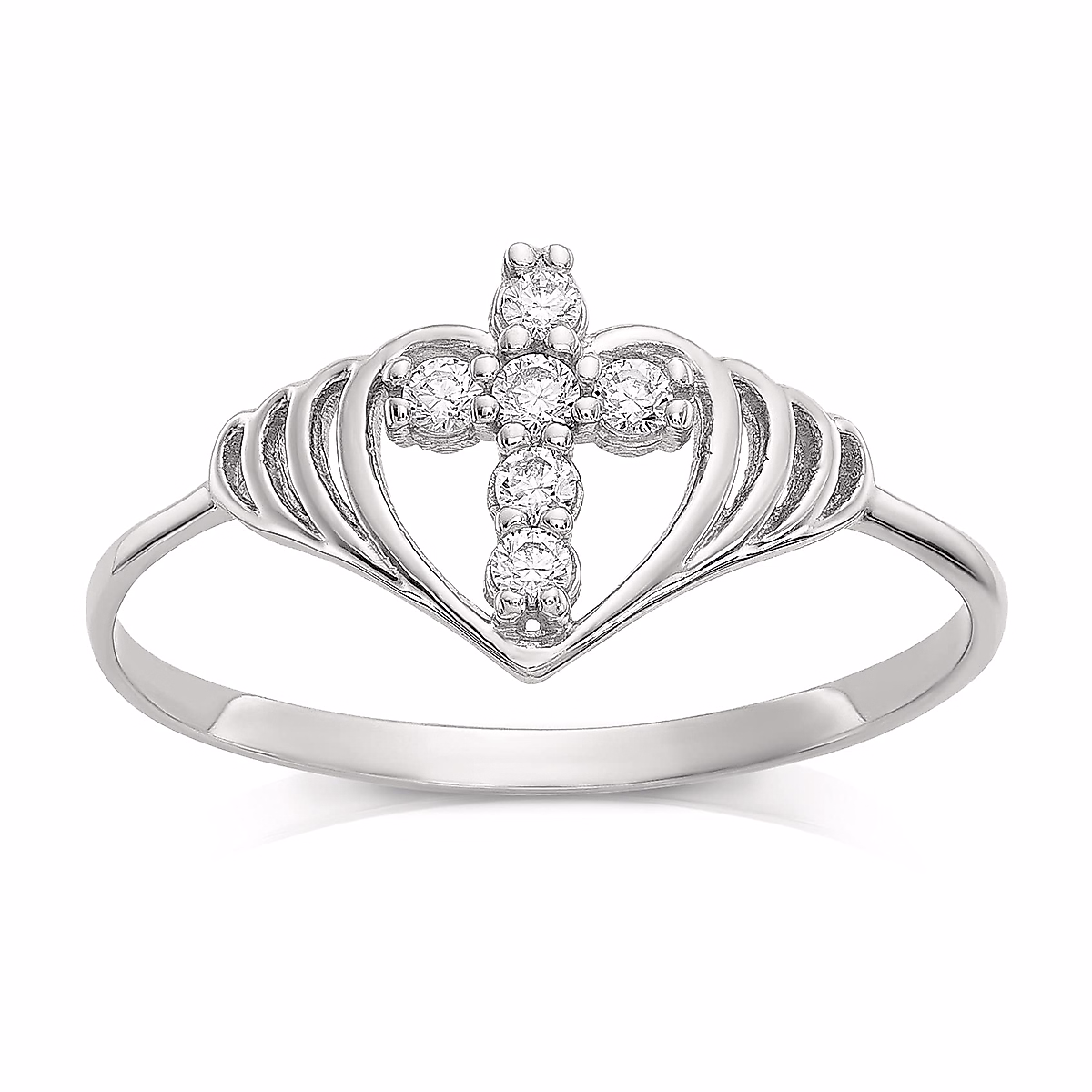 Savlano 18K White Gold Plated Round Cut Cubic Zirconia Vertical Cross in Heart Band Ring Women Religious Ring (6)