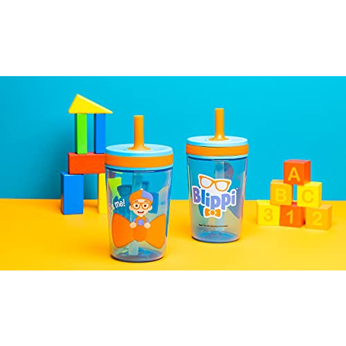 Zak Designs Blippi Kelso Toddler Cups For Travel or At Home, 15oz 2-Pack Durable Plastic Sippy Cups With Leak-Proof Design is Perfect For Kids (Blippi)