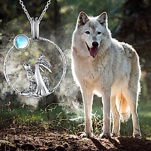 SVODEA Moonstone Wolf Necklace for Women 925 Sterling Silver Created Cubic Zirconia Moon Wolf Pendant Necklaces Animal Wolf Jewelry Gifts for Women Wife (Style-2)