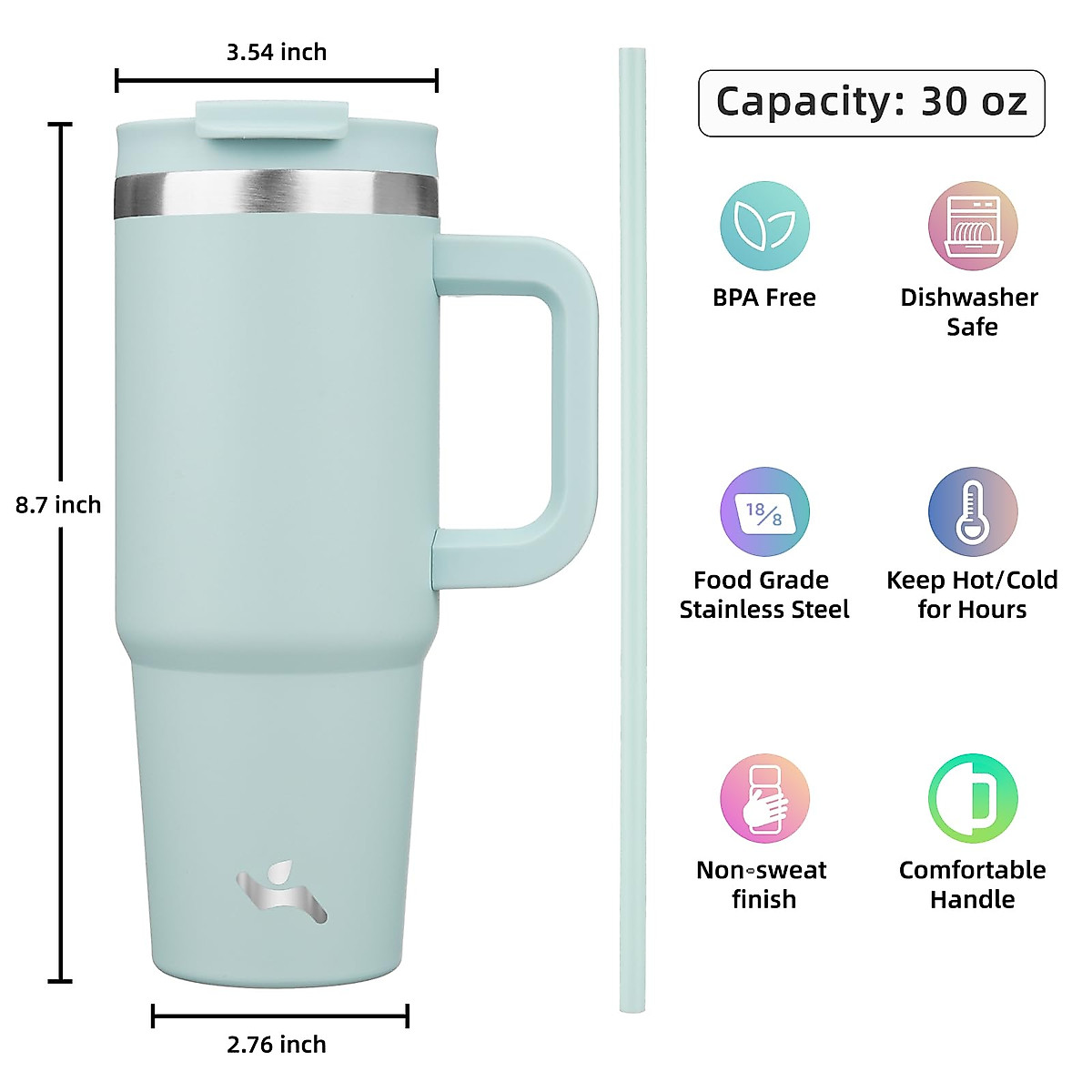 Konokyo 30 oz Tumbler with Handle and 2 Straws,2 in 1 Lid Insulated Water Bottle Stainless Steel Travel Coffee Mug,Blue Haze