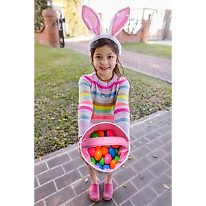 Easter Basket Easter Bucket Bunny Basket for Kids, Canvas Bunny Print Basket, Egg Hunt Basket Easter Bag Tote Bag Candy Toy Storage Bag (Pink+Blue)