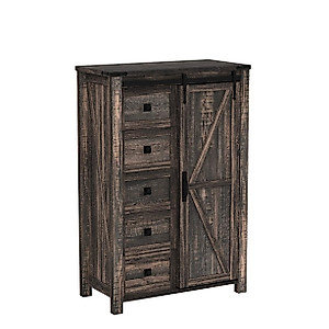 T4TREAM 5 Drawers Dresser for Bedroom w/Sliding Barn Door, Farmhouse Modern Tall Dresser 5 Chest of Drawers, Storage Organizer Dresser for Bedroom, Hallway, Living Room, Kids Room, Dark Rustic Oak