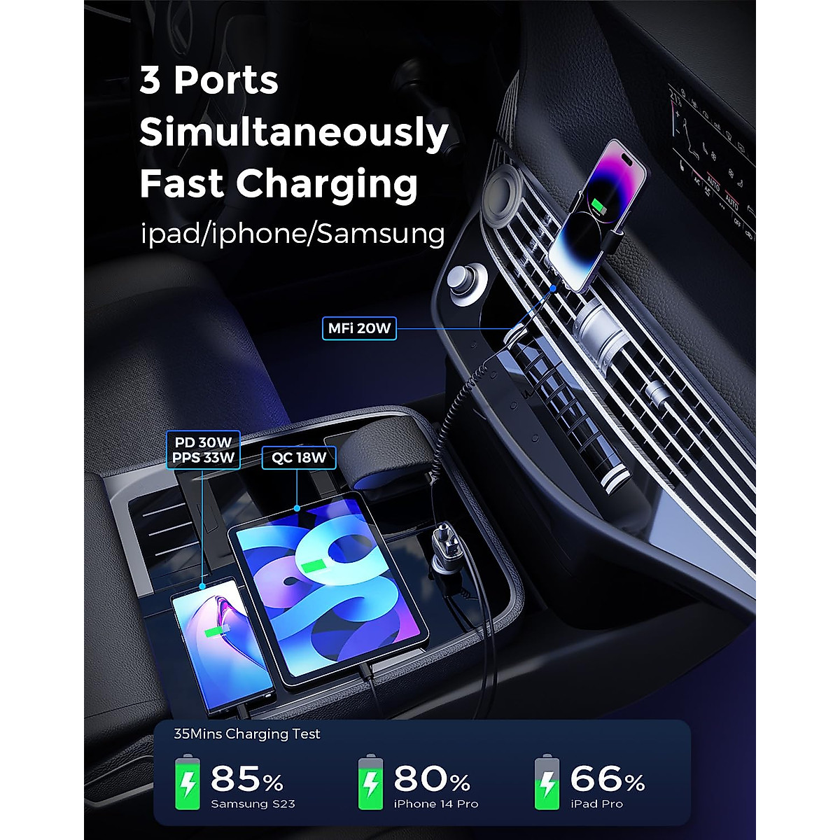 [Apple MFi Certified] iPhone Car Charger, Built-in 5.7FT Lightning Cable for iPhone 15/14/13/12/Max/XR/X/8/7/iPad, 71W 3-Ports PD30W Car Charging Adapter for Samsung Galaxy S23/S22/S21, Google Pixel