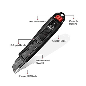HAUTMEC 18mm Extra Heavy Duty Utility Knife with Double Lock Mechanism, Auto-Lock and Ratchet- Lock for Double Safety, SK2 Sharp Black Blade for Industrial or Construction Applications HT0136-KN