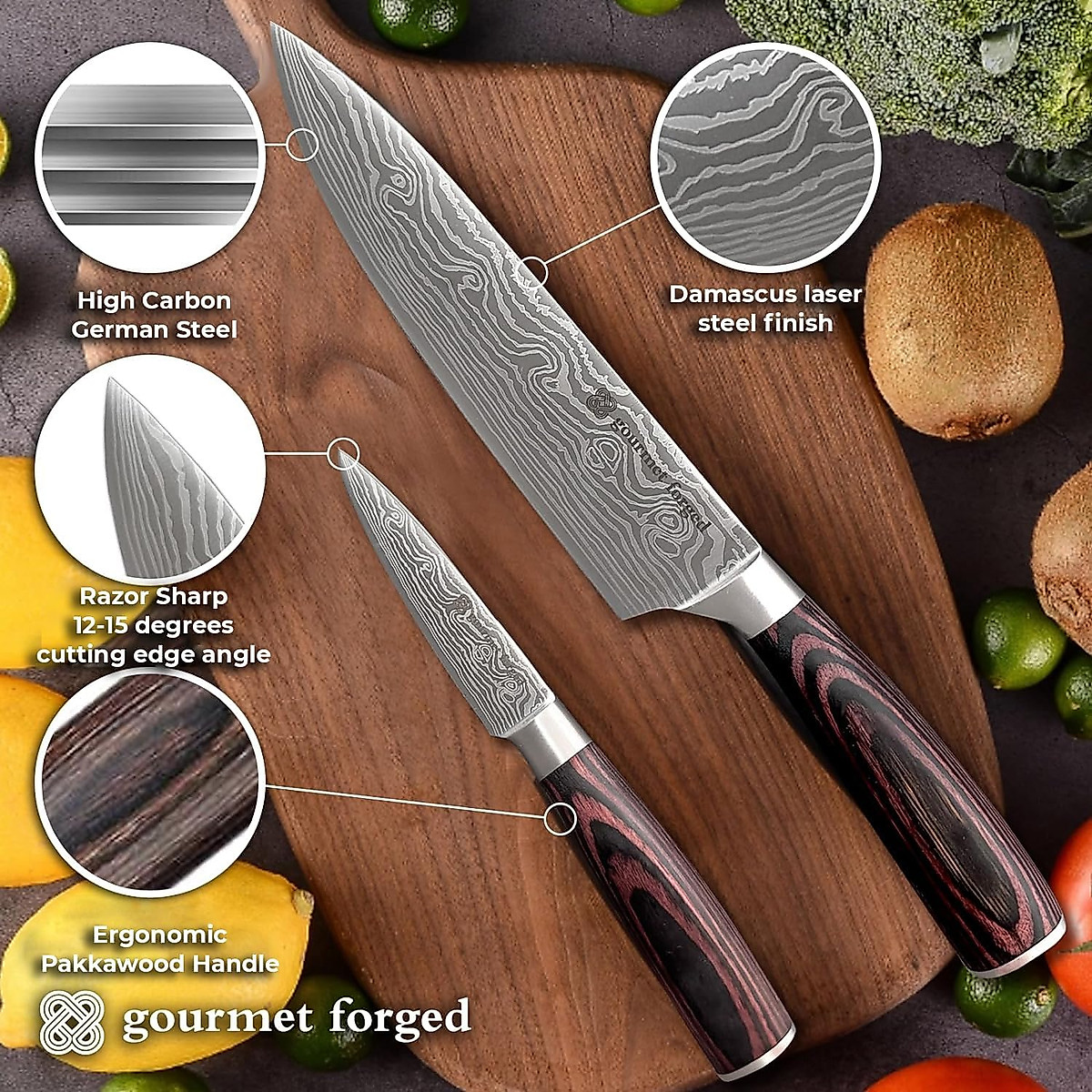 Gourmet Forged ChefDuo Professional 8 inch Chef Knife and 3.5 inch Paring Knife 2 Piece Set Ultra Sharp High Carbon German Steel with Damascus Pattern Ergonomic Pakkawood Handles Gift Box
