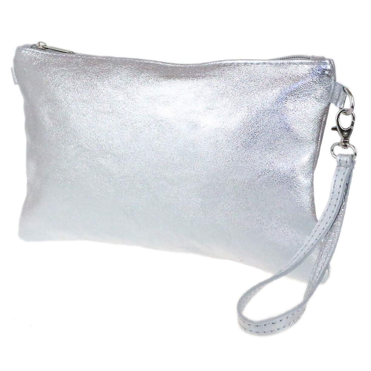 Girly HandBags Womens Genuine Italian Metallic Leather Clutch Bag Silver