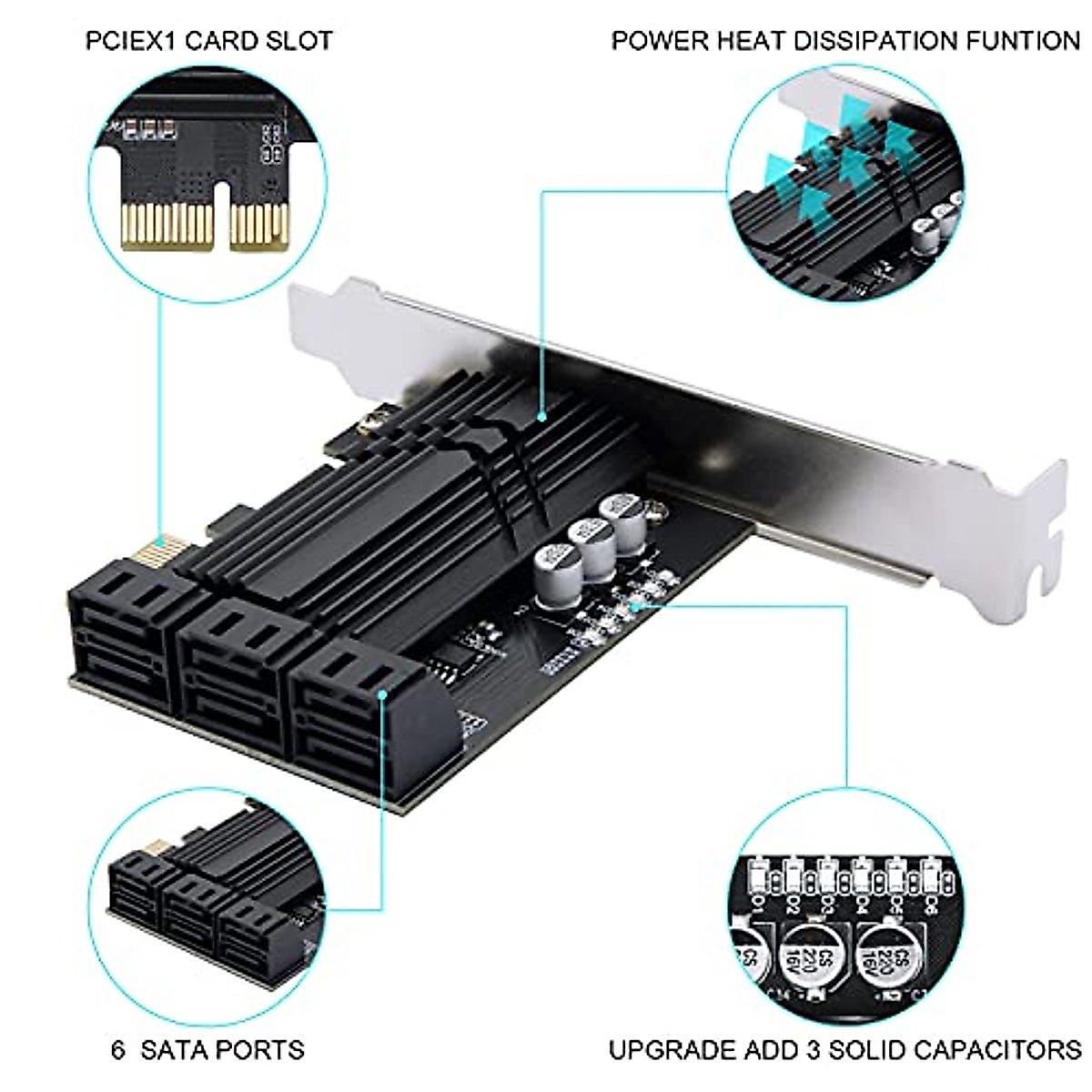 PCIe x1 SATA Card 6 Port, SATA 3.0 Controller Expansion Card with 6 SATA Cables & Low Profile Bracket,SATA III PCIE Gen3 Adapter(6Gbps) ASM1166 Chip, Plug and Play on Windows, MAC OS, Linux System