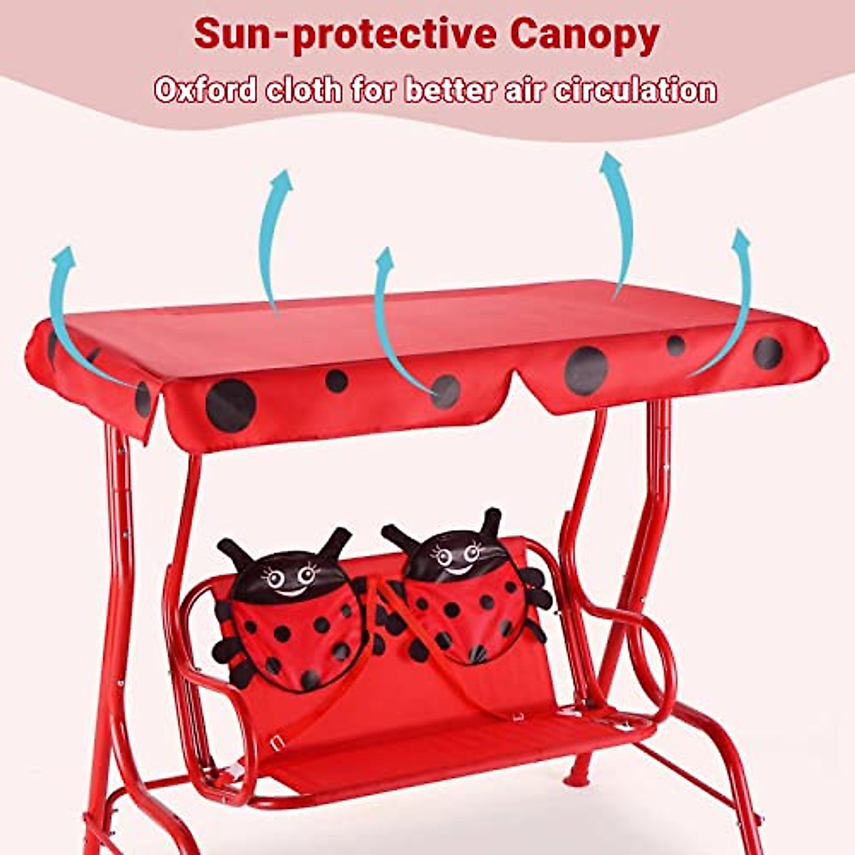 Costzon Patio Swing,All-Weather Porch Swing w/Safety Belt, 2 Seats Outdoor Lounge Chair Hammock w/Removable Canopy, Outdoor Swing Bench for Backyard Lawn Garden (Ladybug Pattern,Red)