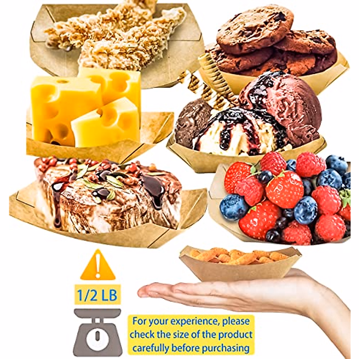 MotBach 300 Pack 1/2 Lb Paper Food Boat Trays Disposable Small Paper Boats, Mini Kraft Paper Food Trays Paper Food Serving Boat Tray Basket for Snacks Tacos Popcorn BBQ Sauce Fries Nacho