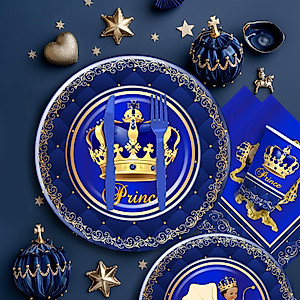 Xenorik Royal Prince Baby Shower Decorations Party Tableware Boys - Blue Gold Little Prince Baby Boy Decorations Supplies, Plate, Napkin, Cup, Cutlery, Prince Baby Boy Table Decorations | Serve 24