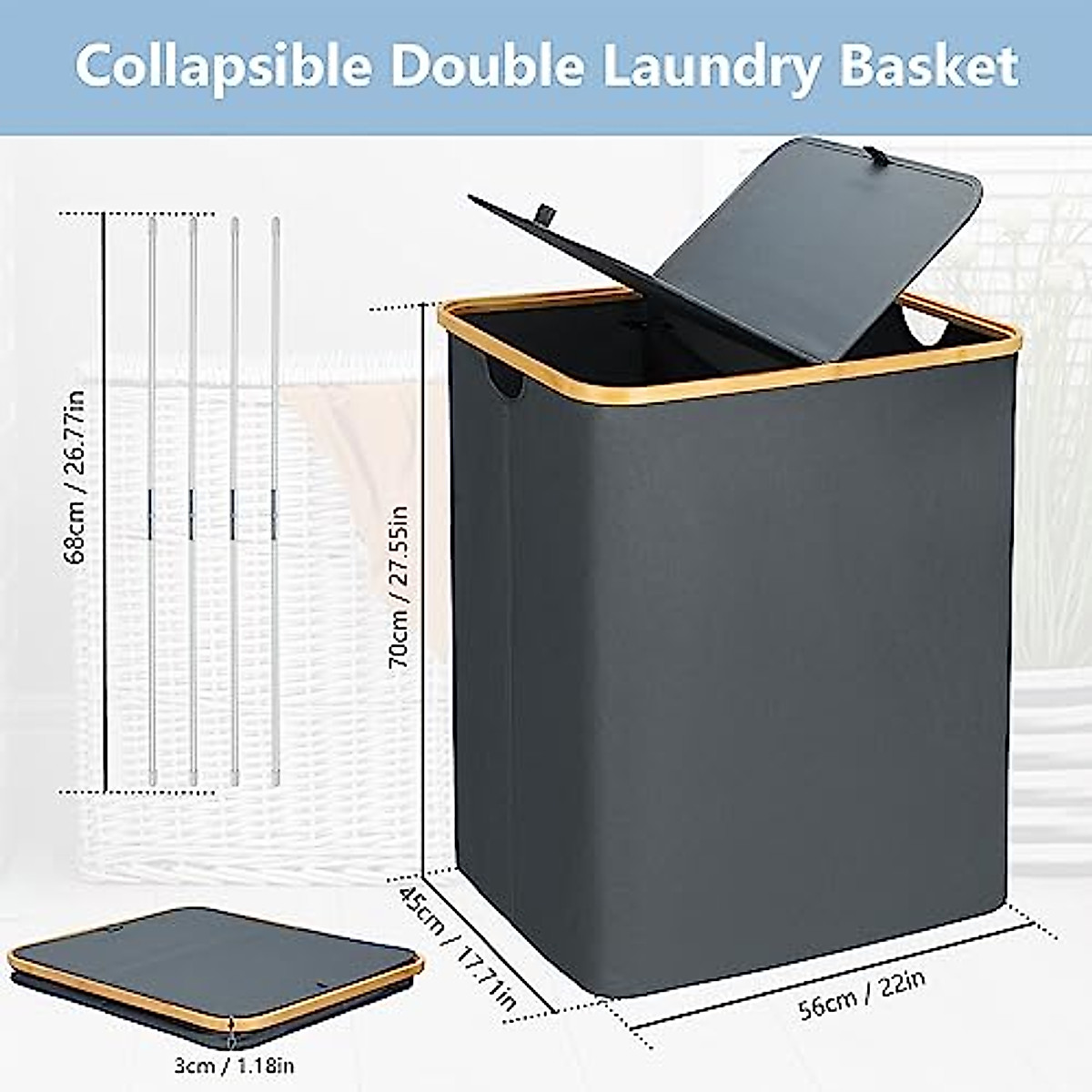 Graciadeco 170L Double Laundry Basket with Lid Foldable Extra Large 2 compartment Laundry Hamper with Handles Dirty Clothes 2 section Hamper for Laundry Bamboo Bathroom Bin Bedroom Closet, Grey
