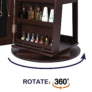 HNEBC LED Light Jewelry Organizer - 360° Rotating Armoire with Mirror, Full Length Cabinet for Jewelry Storage - Large Dark Brown Box Compatible with Alexa/Google Assistant
