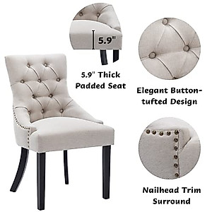 CIMOO Linen Dining Chairs Set of 2 Mid Century Modern Tufted Accent with Solid Wooden Legs Nailhead Trim Room Leisure Padded side for Room/Kitchen/Living Room, Beige, Linen-beige-2pcs