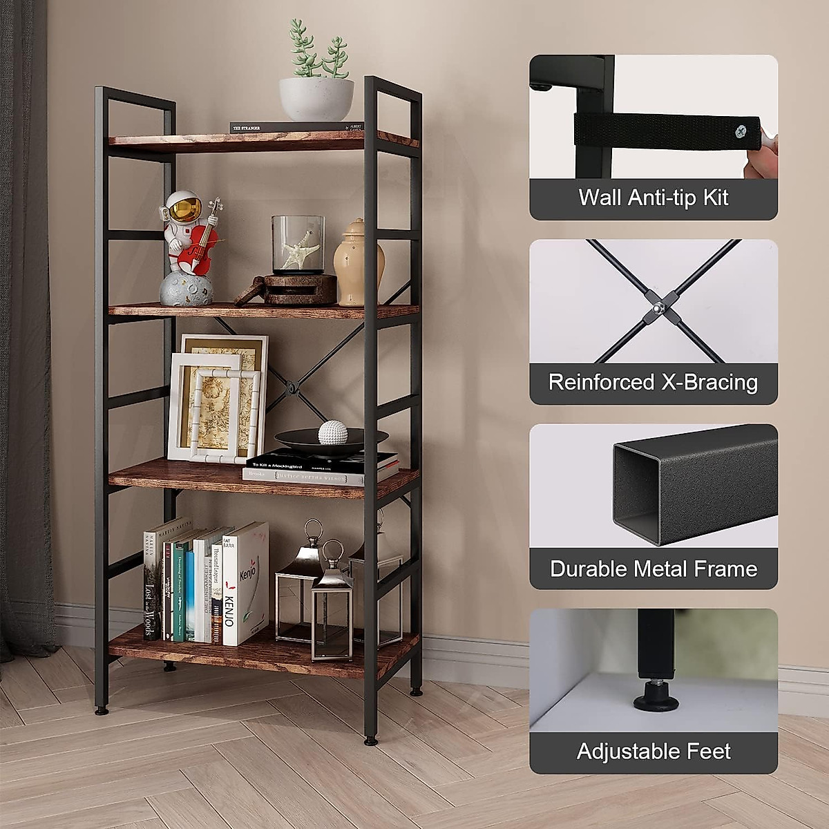 Mellingcasa 4 Tier Wood Shelving Unit,Adjustable Bookshelves Organizer,Office Shelves Small Book Shelf,Display Rack Shelves for Living Room,Bedroom and Office(4 Tier Bookshelf)