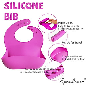 RyanLemon Baby Feeding Set, Silicone Baby Led Weaning Set, Suction Plate and Bowl, Pocket Bib, Spoon Fork, Toddler Flatware Set for Babies 6 Months+, Purple