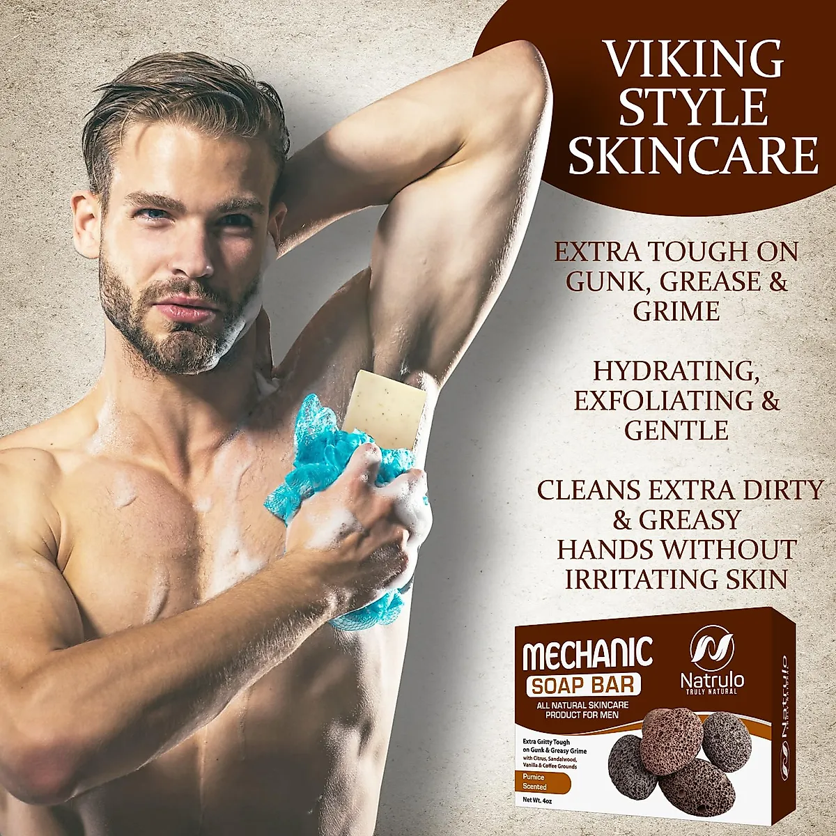 Men’s Natural Mechanic Soap for Hands & Body, 4oz Scented Pumice Soap Bar for Him – Extra Gritty Tough on Gunk & Greasy Grime – Quality Soap Handcrafted in the USA