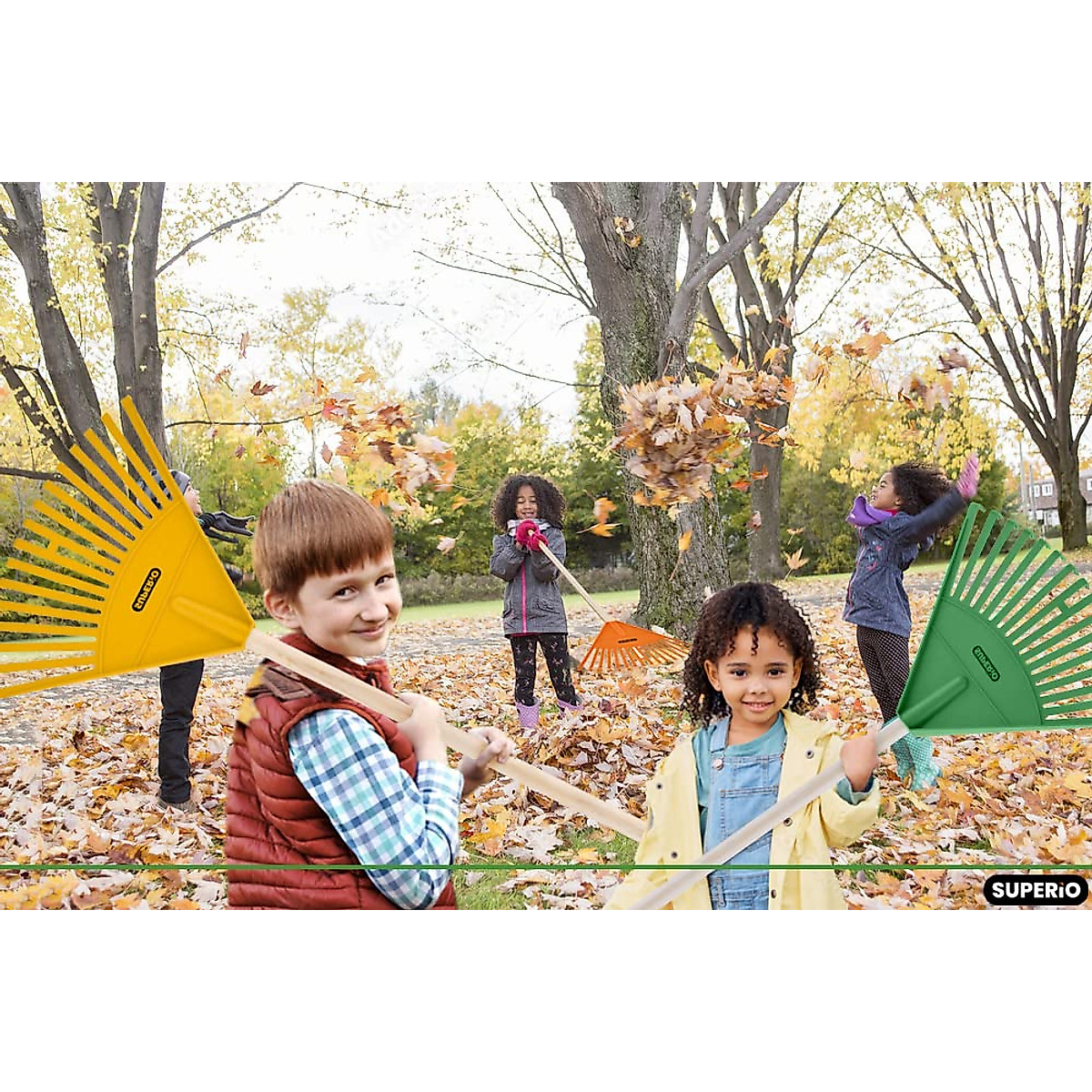 Superio Kids Rake with Hardwood Handle, Gardening and Lawn Care Tools for Kids, Sweep Leaves and Tidying Up The Garden, Plastic Tines and Heavy Duty Wooden Handle 34" (Kid Size, Green, 1-Pack)