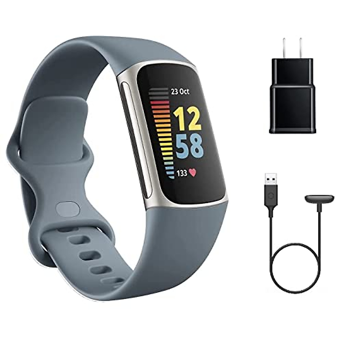 Fitbit Charge 5 Advanced Fitness Tracker with GPS, Heart Rate, Sleep & Health Tracker - Power Bundle with Adapter (Blue Stainless Steel)