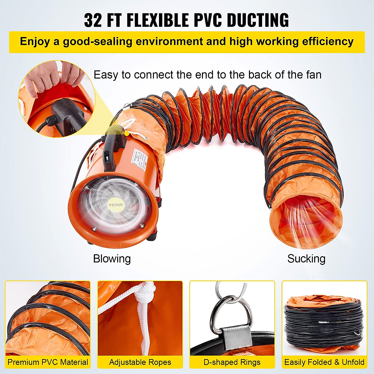 VEVOR Utility Blower 12 inch Ventilator Blower 2800RPM Extractor Fan Blower Portable Industrial High Velocity Blower with 10 m Flexible PVC Ducting(with 10m Hose)