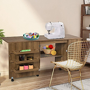 DORTALA Folding Sewing Table, Large Size Craft Cart w/Storage Shelves and Lockable Casters, Rolling Craft Station Sewing Table for Apartment Home, Portable Storage Cabinet for Small Space, Natural