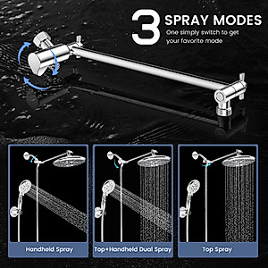 FEELSO 10" High Pressure Shower Head Combo with Handheld Spray, 16 Settings, 11" Adjustable Arm, ON/OFF Pause Switch