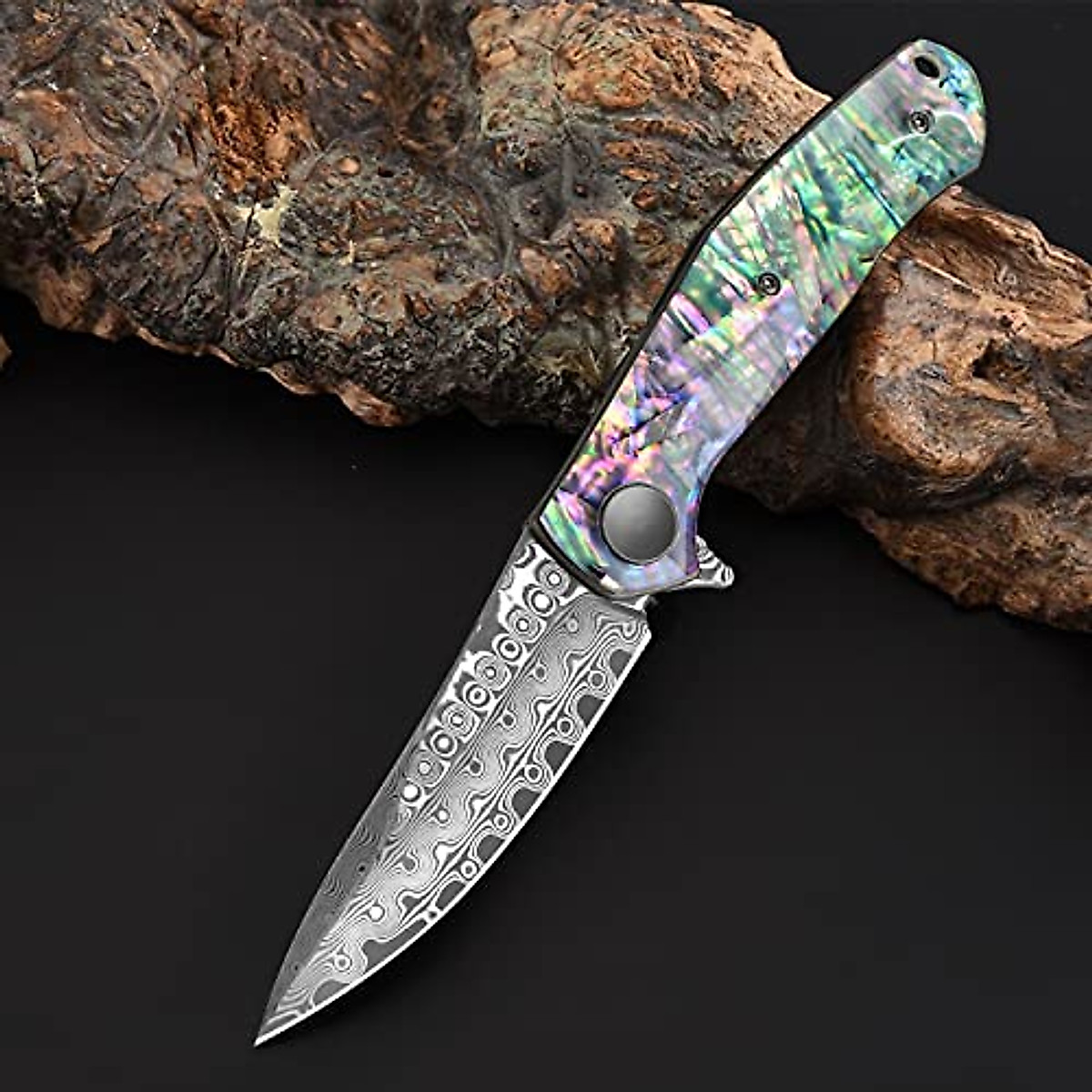 AUBEY Damascus Pocket Knife for Men Women, 3.23 inch Blade of EDC Hunting Knives with Abalone Shell Handle, Ball Bearing, Liner Lock - Sharp Damascus Steel Knife with Clip, Gift for Camping