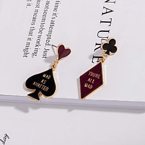 Poker Earrings - Black Heart Dangly Earrings for,Red Heart Alice in Wonderland Earrings,Poker Gifts Queen of Hearts Cool Earrings for Women