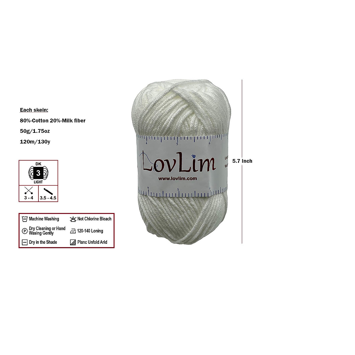 LovLim Yarn Pack, 2 skeins of 50g Each, Soft Cotton Yarn for Crochet and Knitting, Craft DK Amigurumi Yarn (White)