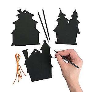 Halloween Magic Scratch Crafts for Kids and Adults - DIY Halloween Decorations - Haunted House Arts and Crafts Ornaments - Includes 24 Haunted House Ornaments, 24 Scratch Sticks, 24 Satin Cord Ribbons