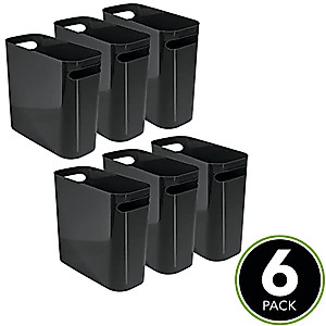 mDesign Plastic Small Trash Can, 1.5 Gallon/5.7-Liter Wastebasket, Narrow Garbage Bin with Handles for Bathroom, Laundry, Home Office - Holds Waste, Recycling, 10" High, Aura Collection, 6 Pack, Black