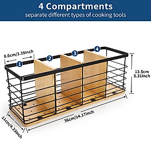 ALOCEO Kitchen Utensil Holder for Countertop - Large Matte Black Utensil Holder with Wooden Base - Multifunctional Farmhouse Cooking Utensil Organizer, Rustic Cooking Utensil with 4 Compartments