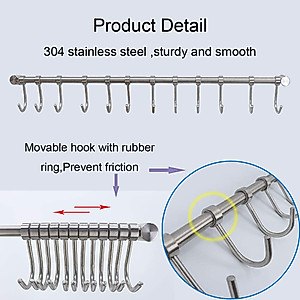 Wall Mounted Utensil Rack Stainless Steel Hanging Kitchen Rail with 12 Removable Hooks Hanger Organizer (22 inches)