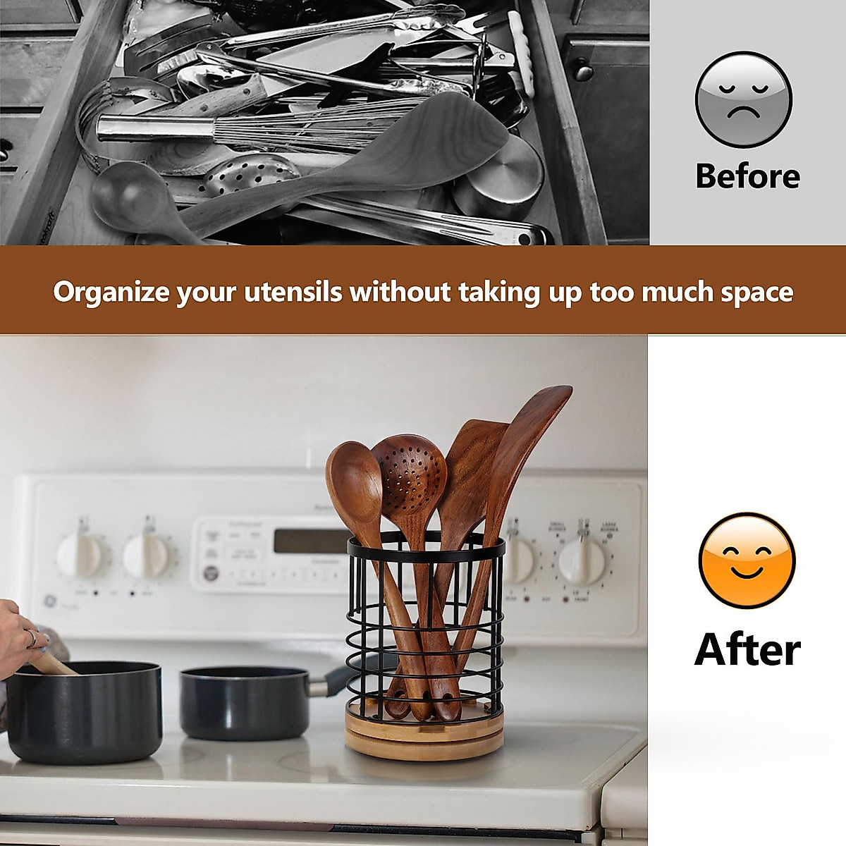 JSVER Utensil Holder Kitchen Utensil Holder, Round Utensil Holder for Kitchen Counter, Cooking Utensil Holder With Wooden Base Matte Black, 360° Rotating Kitchen Utensils Holder