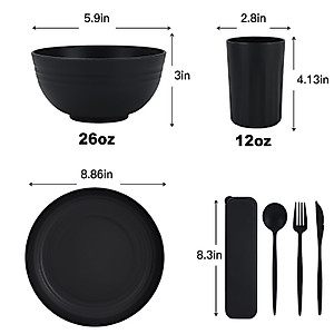 28-Piece Wheat Straw Dinnerware Sets, Microwave & Dishwasher Safe Unbreakable Dinnerware Set, Reusable Dishware Sets, Lightweight Camping Dishes, Plates, Cups, Cereal Bowls for 4（Black）