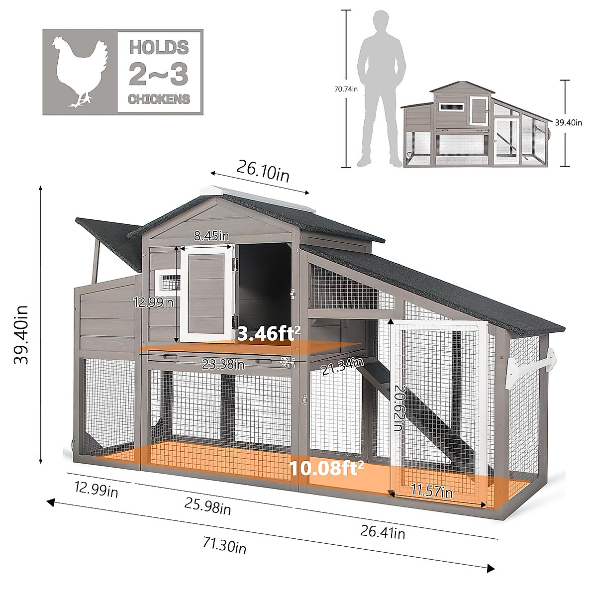 PetsCosset Chicken Coop Wooden Backyard Hen House - Indoor Outdoor for 2-3 Chickens, 2 Story Poultry Cage with Run, Chicken Nesting Box, Pull Out Trays and Anti-Slip Asphalt Ramp