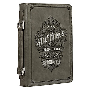 Christian Art Gifts Protective Charcoal Gray Faux Leather Classic Bible Cover Carry Case for Men: All Things Through Christ - Philippians 4:13 Inspirational Bible Verse with Zipper and Pocket, Large