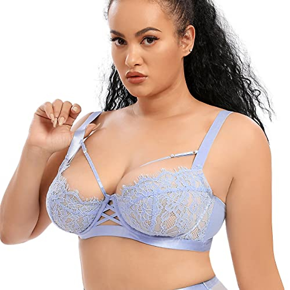 Women's Minimizer Eyelash Lace Plus Size Full Figure Non-Padded Underwire Unlined Sheer Bra (Corn Flower Blue, 40K)