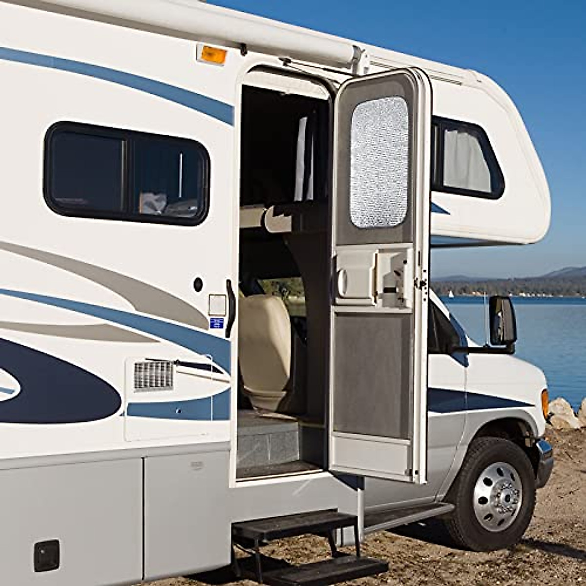 2 Pieces RV Door Window Skylight Shade Sunshield Reflective Window Cover, 25 x 16 Inch, 16 x 16 Inch, RV Insulation Car Windshield Camper RV Skylight Insulator, with Clear Double-Sided Tape (Silver)