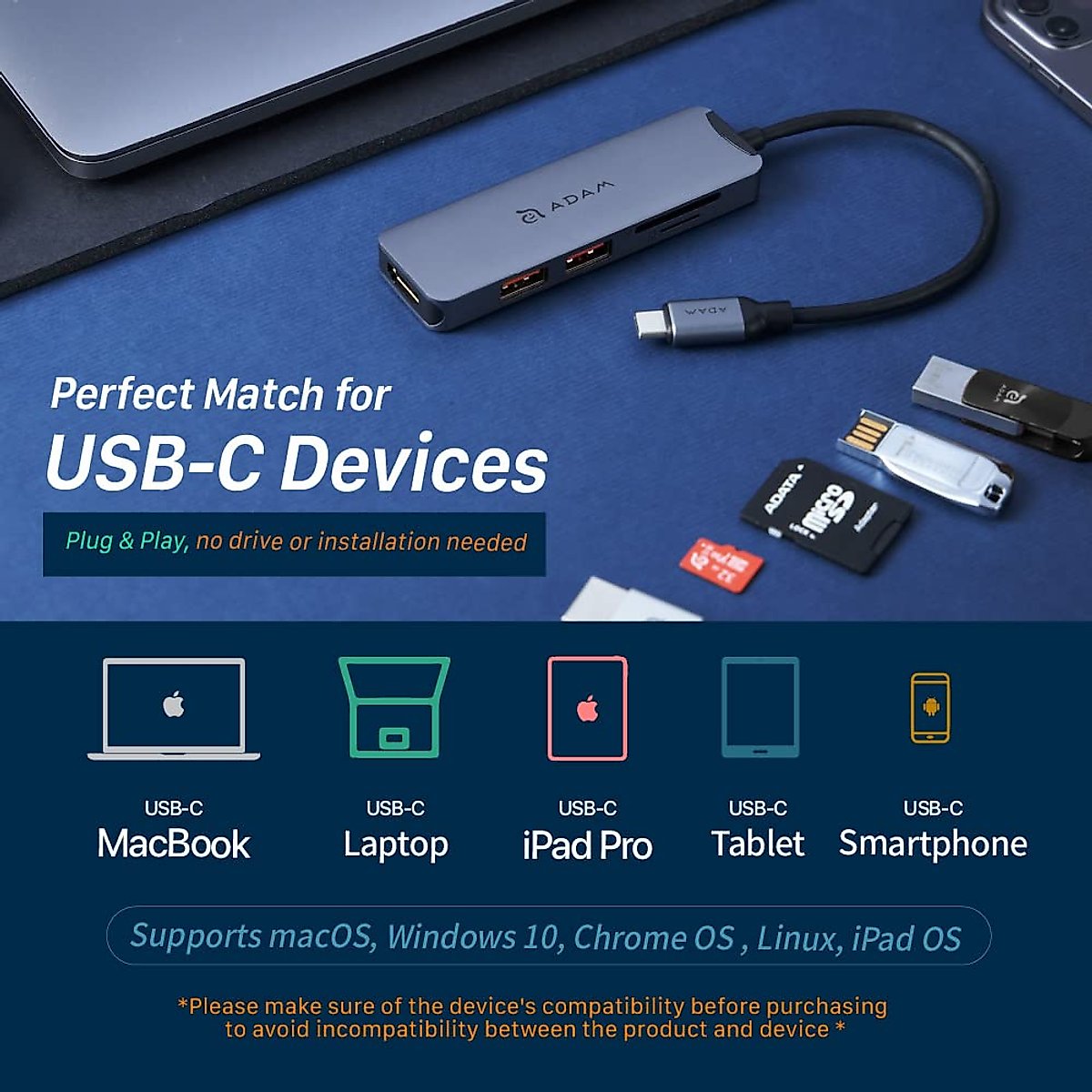 ADAM elements USB-C Gen2 Hub/Laptop Docking Station – CASA Hub A05 5in1 Multiport Adapter for Mac & PC Series - USB-A 3.1 Gen2 x2, HDMI, SD & microSD Card Reader