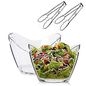 2 Pack 3.5 Liter Acrylic Large Serving Salad Bowl Set with Tong Easy To Carry Handles Design - Snack Bowl Set For Serving Salad, Popcorns, Hosting, Picnics, Parties with Tongs (Pack of 2)