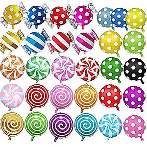 SOTOGO 31 Pieces Sweet Candy Balloons Round Lollipop Balloon Birthday Wedding Party Balloons Candy Dot Balloons Aluminum Balloons