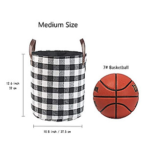 Collapsible Round Storage Basket with Leather Handles, Woolen Fabric Easter Eggs Basket Home Decorative Organizer, Medium, Black White Grey Grids