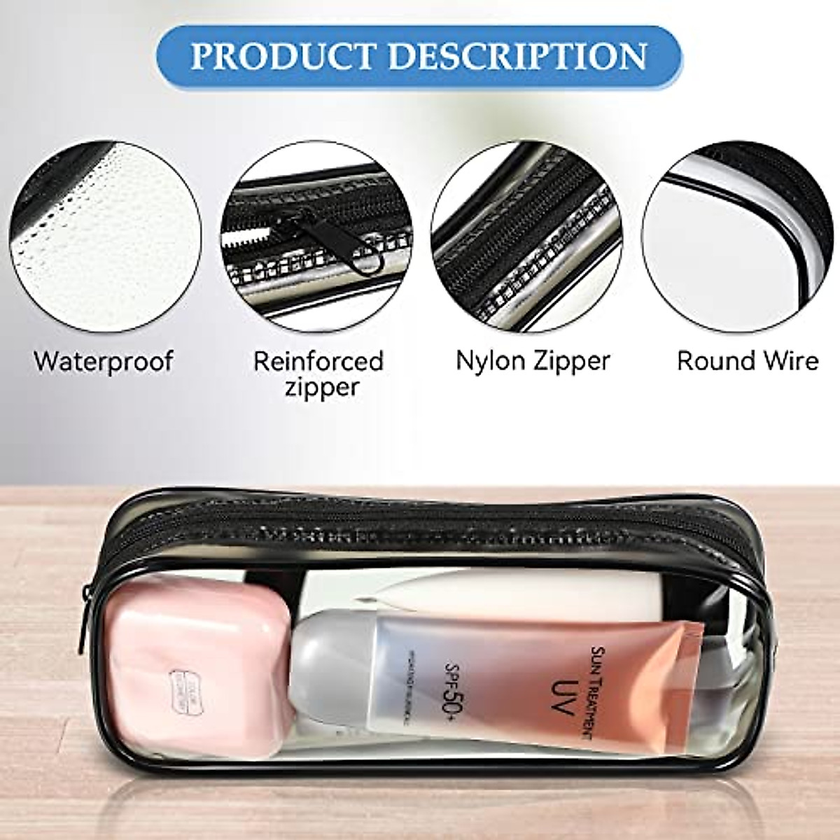 Cindeer 12 Pcs Clear PVC Pencil Bags with Zipper Pencil Pouch Clear Pencil Box Travel Toiletries Bag Makeup Bags Large Capacity Pencil Bag for Office Stationery Travel Storage (Black)