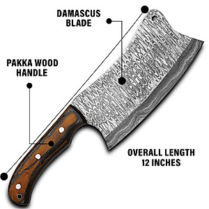 Handmade Damascus Steel Meat Cleaver Knife Full tang Kitchen Knife for Home and Outdoor, Butcher knife, Chopper knife with Real Leather Sheath